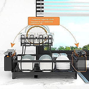 yagiya Dish Drying Rack，2-Tier Dish Racks for Kitchen Counter，Large Dish Rack with Knife case Cup Holder，Dish Drainer Organizer with Utensil Holder, Dish Drying Rack with Drain Board