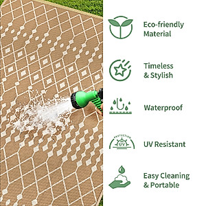 GENIMO Rug for Patio Clearance, 5'x8' Waterproof Reversible Outside Carpet for Outdoor Decor, Area Boho Plastic Straw Mat for RV, Deck, Camping, Camper,Brown & Beige