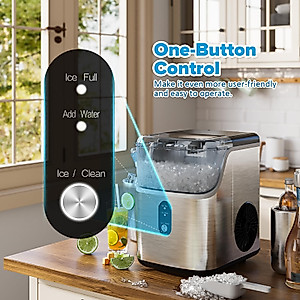 Kikihuose Nugget Countertop Ice Maker with Soft Chewable Pellet Ice, Portable Pebble Ice Machine 33lbs/24H, Self-Cleaning, Sonic Ice, One-Click Operation, for Kitchen, Office- Stainless Steel Silver