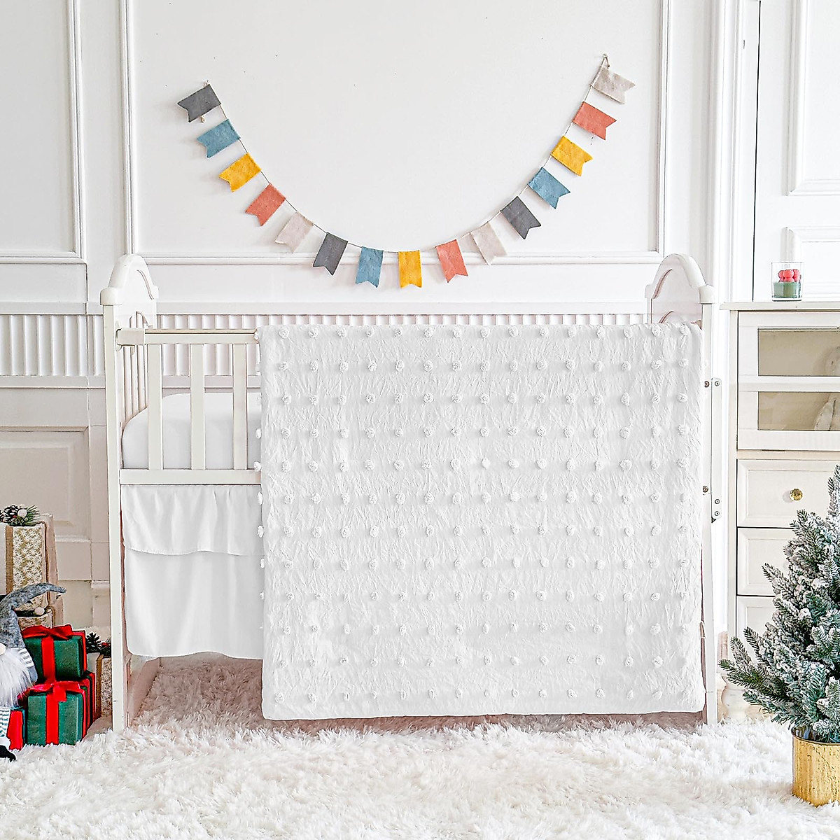 White Crib Bedding Set Tufted Dots Jacquard Baby Comforter with Fitted Sheet and Bed Skirt - Cute Embroidery Boho Shabby Chic Soft Blanket Pom Pom Tufts 3pc Crib Bed Set