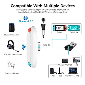 Bluetooth Adapter for Nintendo Switch/Lite, BT 5.0 Wireless Audio Transmitter with Low Latency USB C to A Converter for Bluetooth Headphone Speakers on PS4 PS5 PC Laptop Airpods White (White) (White)