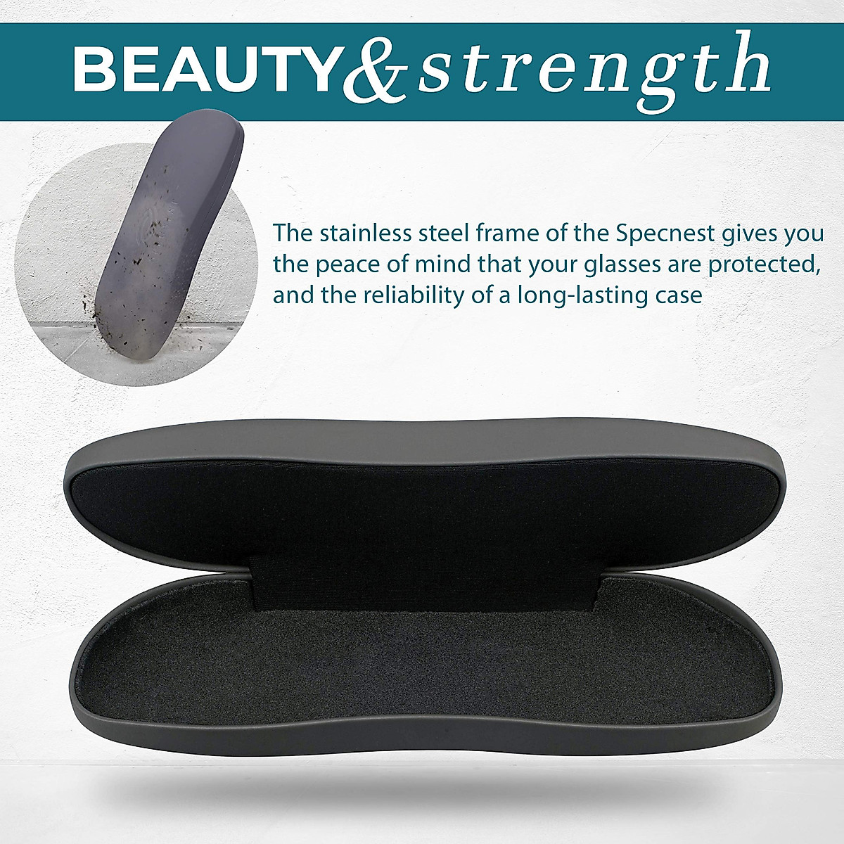 SpecNest Eye Glass Case - Thin and Slim Hard Shell Glasses Case for Eyeglasses - Stainless Steel Shell with Vegan Leather for a Modern Professional Look - Hard Glasses Case