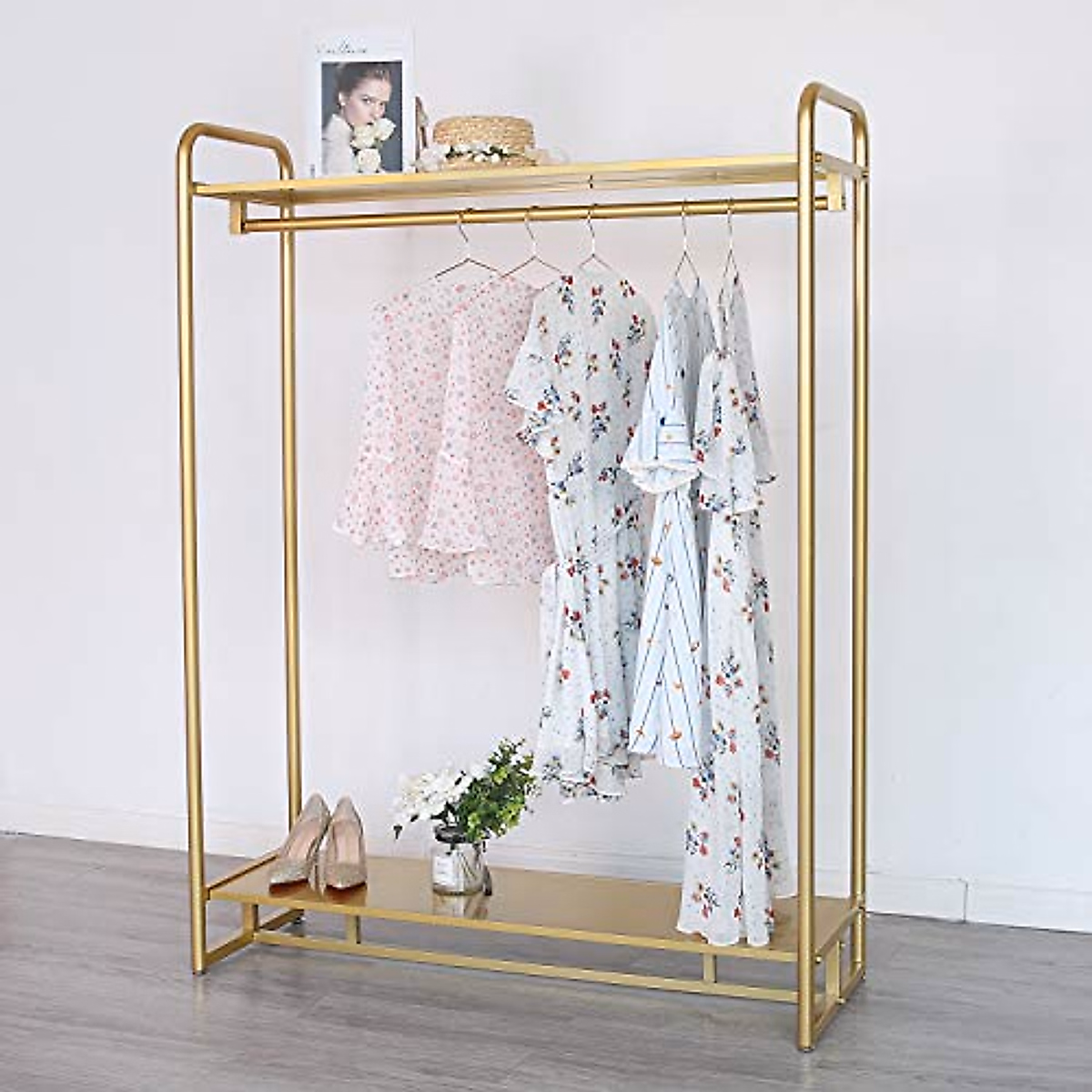 HOMEKAYT Gold Clothing Rack Modern Boutique Display Rack with 2-tier Shelf Full Metal Garment Rack Multiple Uses Hanging Rack for Home and Retail (59’’L)