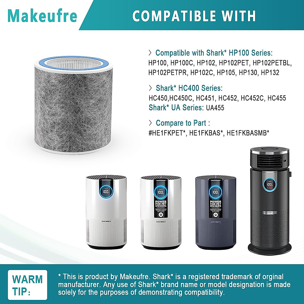 Makeufre HP102 Replacement Filter, Compatible with Shark Air Purifier Model HP102PET, HP132, HP152 & HC450, HC451, HC452, HC455, Part # HE1FKPET, HE1FKBAS, HE1FKBASMB, 2 Pack