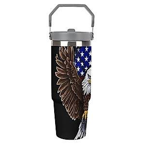 30oz Stainless Steel Insulated Tumbler with Flip Lid & Straw, Leakproof Travel Mug for Car, USA Flag Patriotic Eagle Double Wall Vacuum Thermal Coffee Cup with Handle, Spill-Proof Design for Hot/Cold