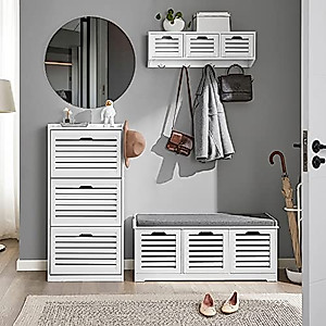 Haotian FSR108-W, White Shoe Cabinet with 3 Flip Drawers, Freestanding Shoe Rack with Hooks, Shoe Storage Cupboard Organizer Unit