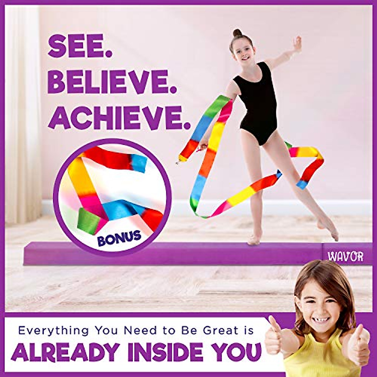 Wavor 8ft Balance Beam: 4 Flowers, 2 Ribbons, Foldable, Easy to Carry, Stable, Firm, 2 Color Options, 4-Inch Wide Kids Gymnastics Beam