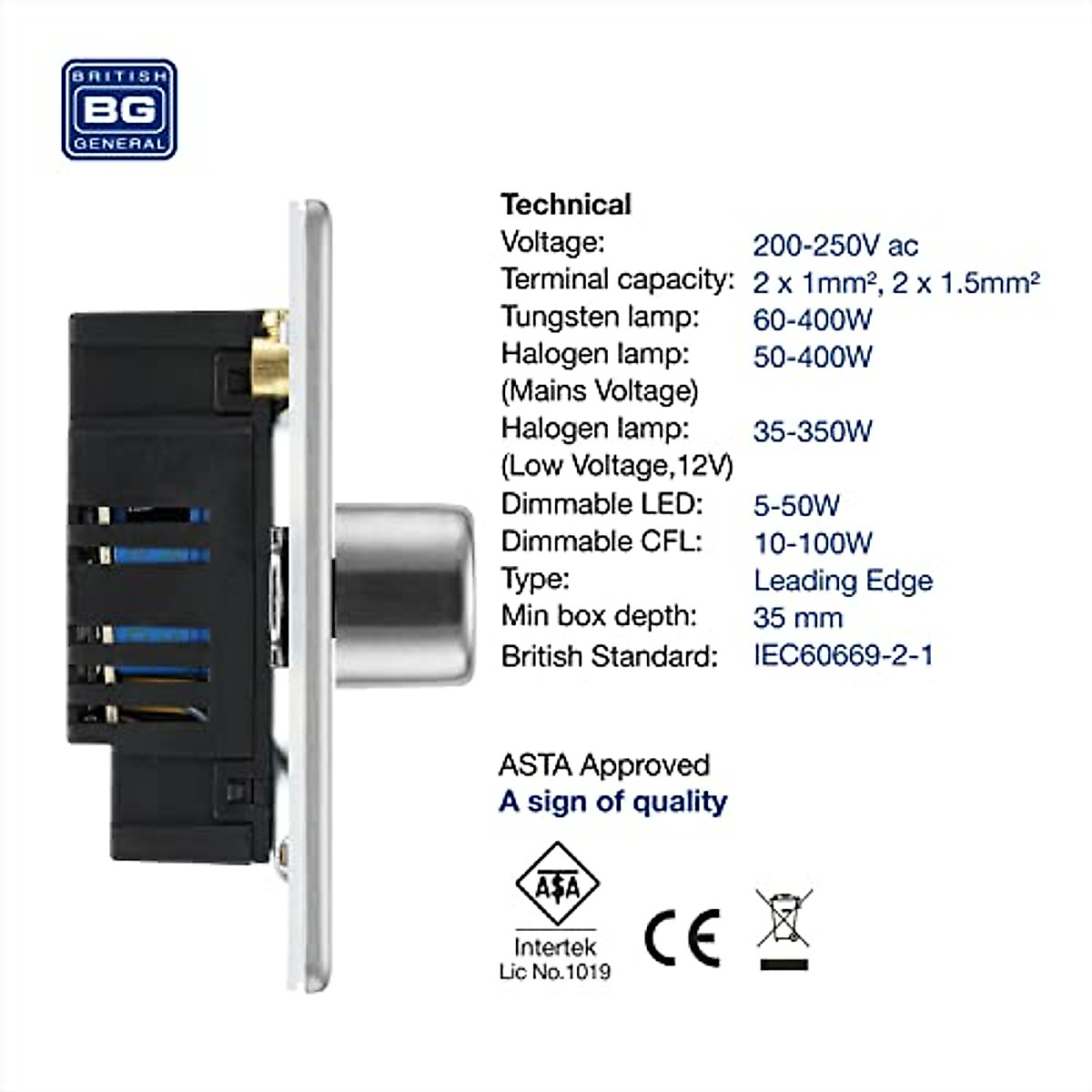 BG Electrical FBS83P-01 Screwless Flat Plate 400W 3 Gang 2 Way Push Dimmer Switch, Brushed Steel, 400 W