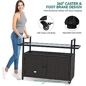 YITAHOME Large Portable Outdoor Wicker Bar Table, Wheels and Black Glass Table Top for Patio Kitchen and Bar Cart (Dark Brown)