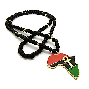 CBC Crown Pan African Colored Africa Map Continent Pendant on 26"/30" Wooden Bead Necklace in Gold or Silver Tone (30" - Black & Gold, Gold Ankh)