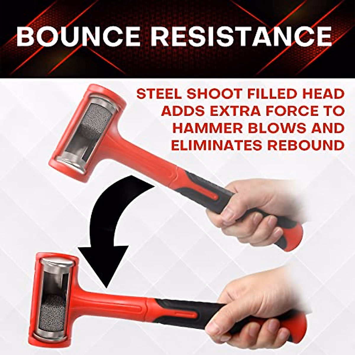 YIYITOOLS 2Pcs Dead Blow Hammer Set,16oz(1LB)Ball Pein Hammer,27oz(1.5LB)Dead Blow Hammer,Red and Black, Shockproof Design, No Rebound Mallet Unibody Molded Checkered Grip Spark and Rebound Resistant