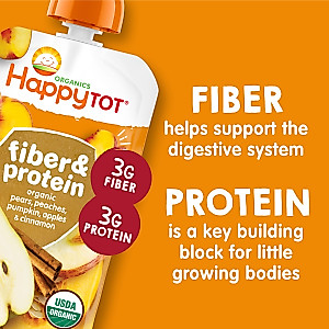 Happy Tot Organics Stage 4 Baby Food Pouches, Gluten Free, Vegan Snack, Fiber & Protein Fruit & Veggie Puree, Apples, Peaches, Pumpkin & Cinnamon, 4 Ounce (Pack of 1)