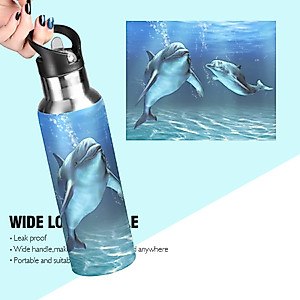 Dolphin Water Bottle with Straw Lid Thermos Ocean Kids Insulated Stainless Steel Water Flask 20 Oz Dolphins
