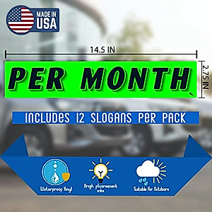 Versa Tags Windshield Slogan Stickers 12 Pack Each of FINANCING Available, Save, Sale, PER Month, ONE Owner (60) Window Stickers Total Dealership Stickers Black On Green