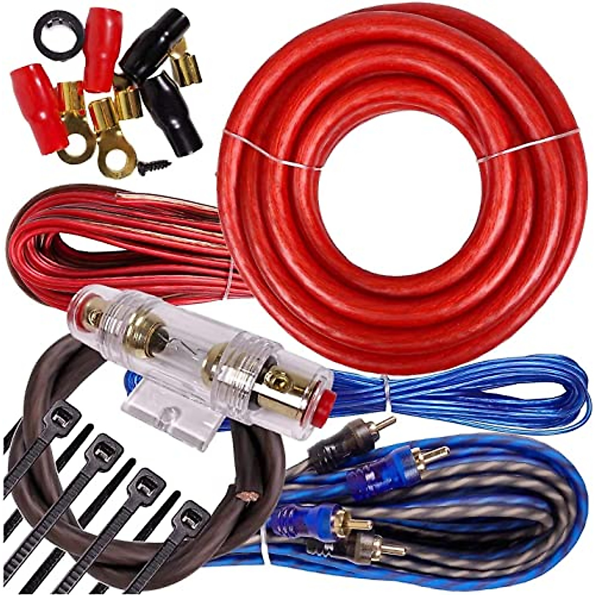 Audiobank BCC4AR Complete 4 Gauge 3000 Watts Car Amplifier Installation Power Amp Wiring Kit Inline AGU Fuse Holder & 80A Fuse and All The Accessories/Terminal Included Red