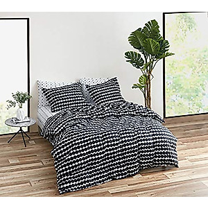 MARIMEKKO - Queen Duvet Cover Set, Cotton Bedding with Matching Shams & Button Closure, All Season Home Decor (Rasymatto Black, Queen)