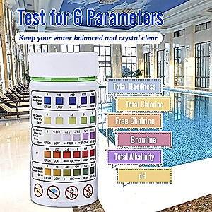SuperCheck 5-in-1 Test Strips for Testing Chemicals Content in Pool and Spa, 6 Parameters, 100 Count, Swimming Water Test Kits for Hardness, Chlorine, Bromine, pH and Alkalinity, Pool Water Tester