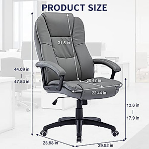 High Back Big and Tall Leather Office Chair, Ergonomic Grey Executive Chair, Comfortable Padded Office Chair Adjustable Height Bonded Leather Chairs with Cushions Armrest for Long Time Seating (Grey)