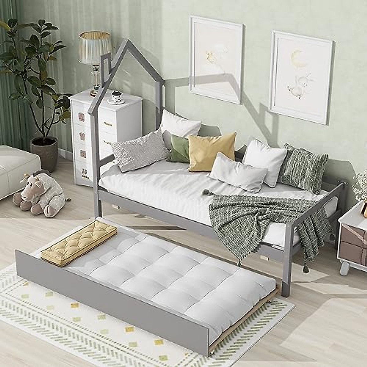Twin Platform Bed with Trundle, Wooden House-Shaped Headboard Bed with Guardrails, Daybed Frame with Sturdy Slat Support for Kids Boys Girls Bedroom (Grey 06)