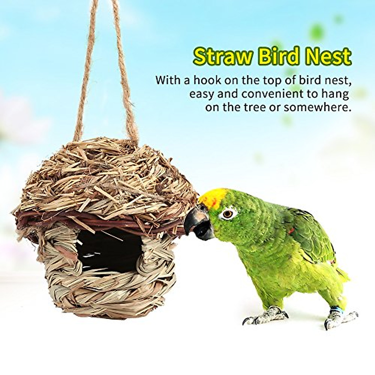 Fdit Bird Nest, Handwoven Straw Bird Nest Cage House Hatching Breeding Cave in 3 Size for Parrot, Canary or Cockatiel or Other Birds(S)