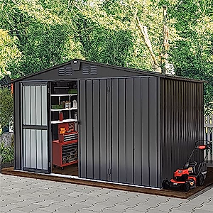 DEENKK 10x8 FT Metal Outdoor Storage Shed for Bike/Trash Can/Tools, Galvanized Steel Water-Resistant Bike Shed Garden Tool Storage Shed for Backyard Patio Lawn Garden,Black
