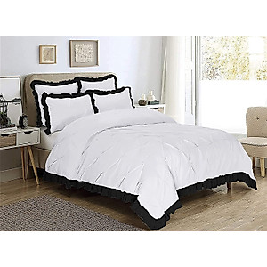 Decorative 5PC Two Tone Pinch Pleated Corner Ruffle Frilled Duvet Cover Set with Zipper, 100% Egyptian Cotton, 400 Thread Count - White/Black Solid, Oversize Queen Size.