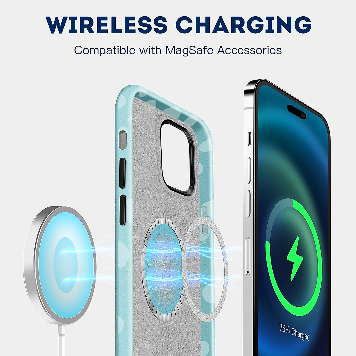 kingflag Vegan Leather Magnetic Case for iPhone 14 Pro Max Wireless Charging, MagSafe Compatible, Metal Buttons, Shockproof Protective Phone Case Cover for Women Men 6.7" (Teal with White Dots)