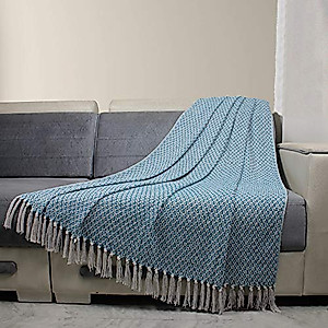 Outdoor Throw Blanket with White Tassel - 50x60 Inches 100% Cotton Farmhouse Throws Decorative Soft Boho Blankets - Aqua Blue