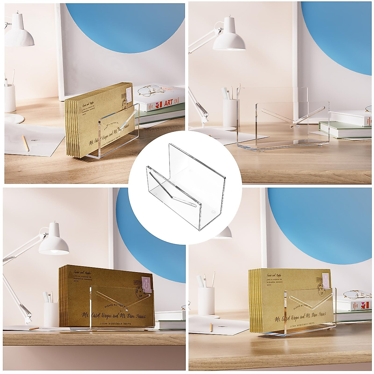 FUCDTEFC Acrylic Mail Holder, Clear Acrylic File Letter Organizer, Vertical Envelope Mail Holder for Desk, Lightweight Countertop Bill Holding Sorter Letter Invoice Stand for Home Office School