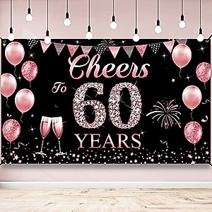 Happy 60th Birthday Decorations for Women, Cheers to 60 Years Backdrop Banner, Rose Gold 60 Birthday Party Yard Sign Poster Supplies, 60th Anniversary Decorations for Outdoor Indoor, Vicycaty