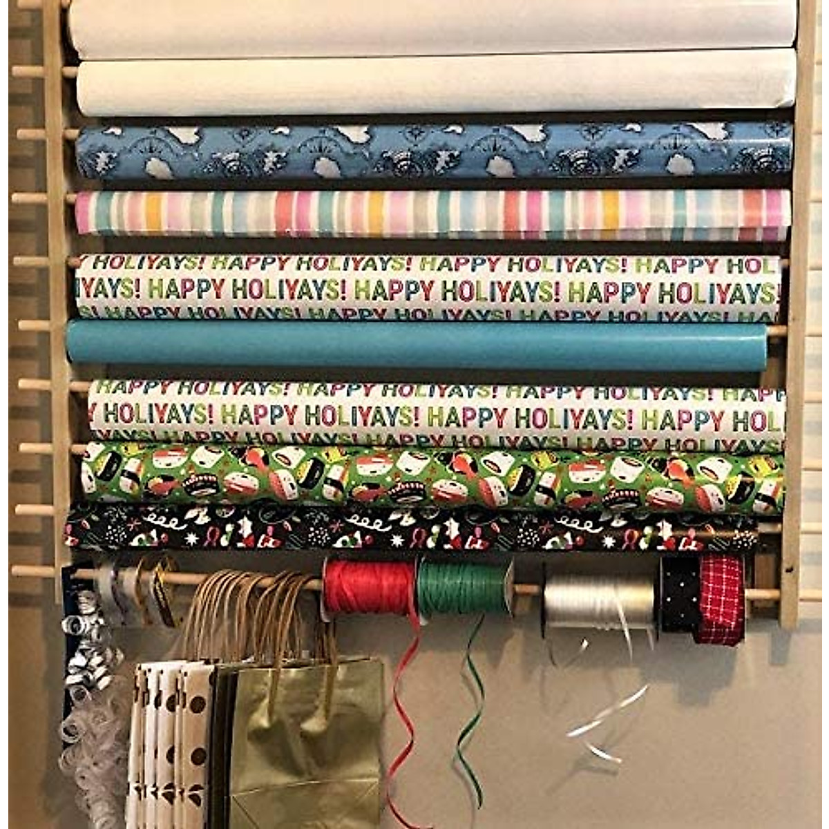 Storage Station, Organizer, Dispensing Rack for Gift Wrapping Paper, Ribbons, Cellophane, Vinyl Rolls, Paper & Other Arts & Crafts Items. Holds 10 Rows. Adjustable Width. Easy Wall Mount. Hardware Included.