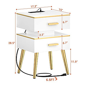 Cyclysio 28.5'' White Nightstand with Charging Station, Tall Bedside Tables with Led Lights, Bed Side Table Night Stand with Drawers for Bedroom and Sofa Side, Bright White Finishing
