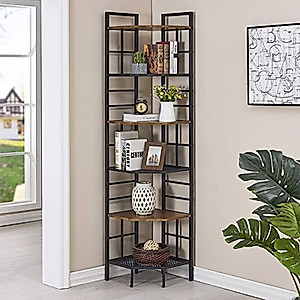 HOMISSUE 6 Tier Industrial Corner Shelf Unit, 76.9” Tall Corner Bookcase Storage Display Organizer Storage Stand for Home Office