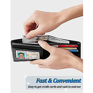 Travelambo Black Wallet for Men, Premium Genuine Leather RFID Blocking Mens Wallet, 10 Credit Card Holder Minimalist Front Pocket, Mens Bifold Wallet with 2 ID Window