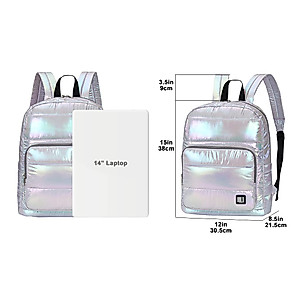 GBLQ PLUS Backpack Purse for Women, Holographic Quilted Puffy Bag, Metallic Backpack, Iridescent Bookbag (Lavender Fog)