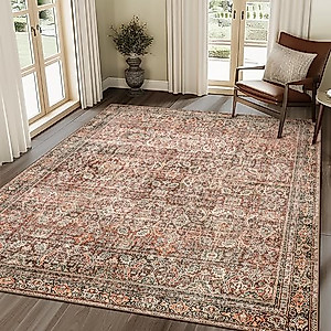 BESBLEE 5X7 Area Rugs Machine Washable Runner Rugs for Living Room Bedroom Hallway, Non Slip Indoor Soft Accent Distressed Boho Vintage Print Lightweight Thin Low Pile Carpet, Brick