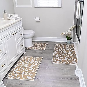 SUSSEXHOME Floral Design 3 Piece Bathroom Rugs Set - Non-Slip Ultra Thin Bath Rugs for Bathroom Floor - Washable Cotton Bathroom Mats Set