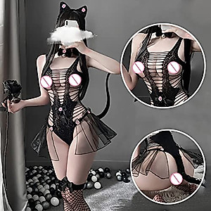 Kawaii Lingerie Cosplay Set for Women Sexy Cat Girl Outfits Slutty Roleplay Underwear Nightgown Sets for Sex Naughty Black