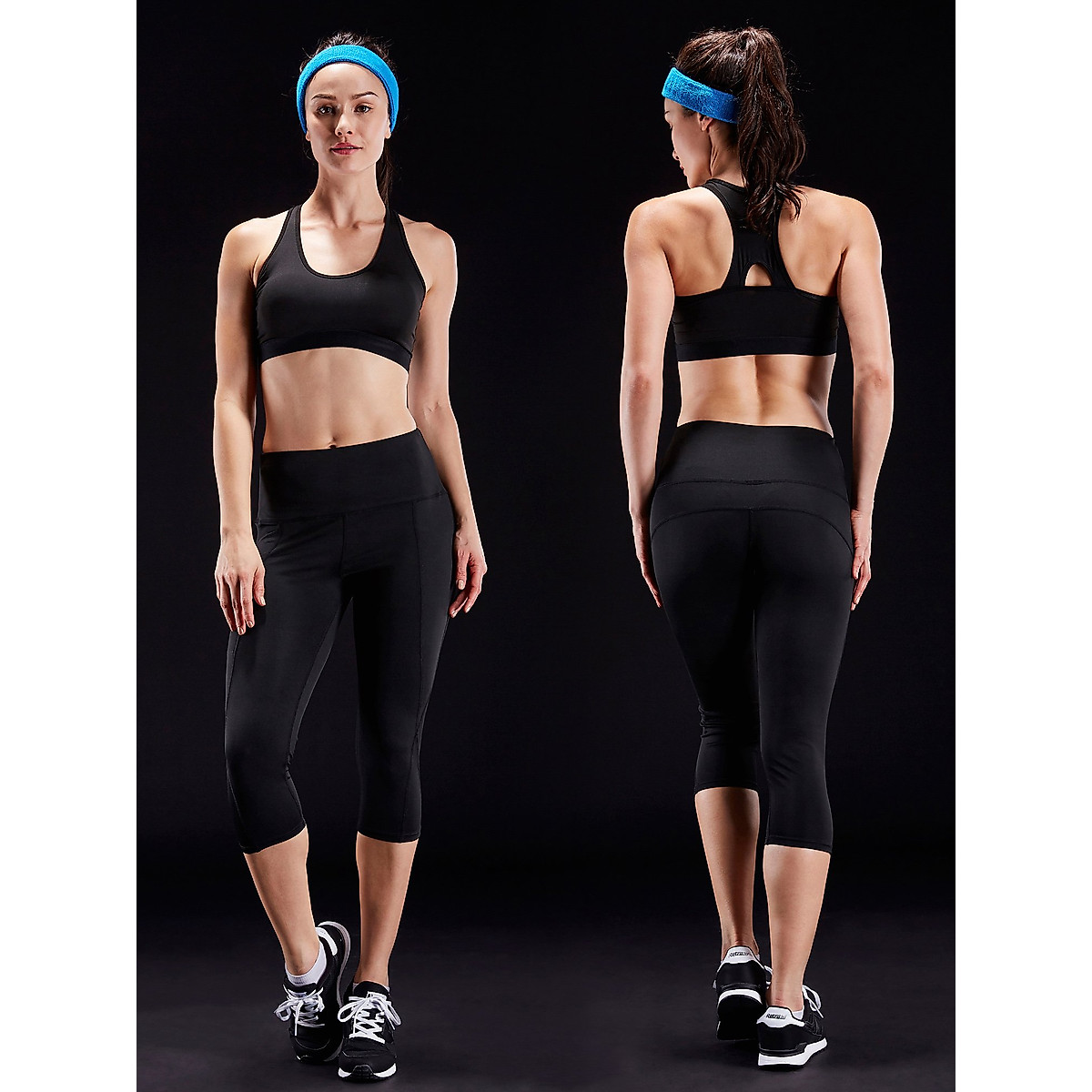 NELEUS 2 Pack Tummy Control High Waist Workout Yoga Capri Leggings Yoga Pants,9027,Black,US L,EU XL