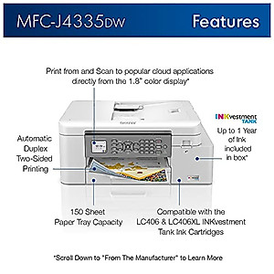 Brother INKvestment Tank MFC-J4335DWB Wireless Color All-in-One Inkjet Printer, White - Print Copy Scan Fax - 20 ppm, 4800 x 1200 dpi, Auto Duplex Printing, 20-Sheet ADF, CBMOUN Printer Cable