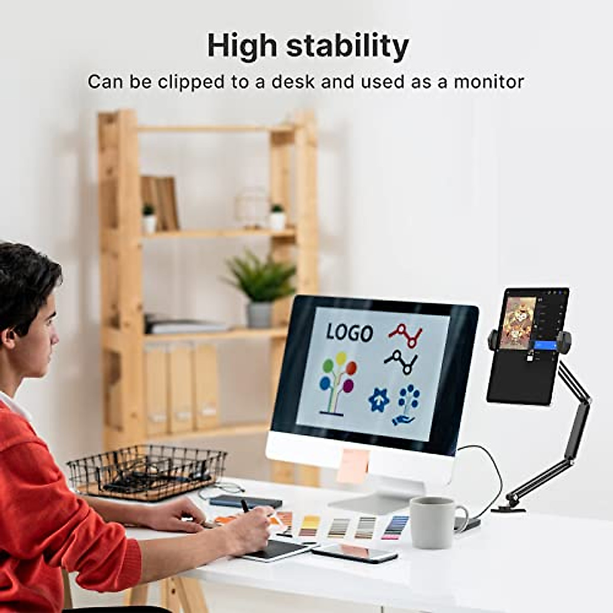 VIJIM iPad Tablet Holder for Bed or Desk, Black Metal Adjustable iPad Arm Mount Stand, Overhead Compatible for iPad Air Pro Mini, Surface Pro Stand, iPhone, Android Tablet