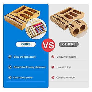 Ziplock Bag Organizer and Wrap Dispenser with Cutter – Practical 6-in-1 Bamboo Kitchen Drawer Organizer Store Gallons, Quarts, Sandwich and Snack Bags, Plastic Wrap, Foil, Wax