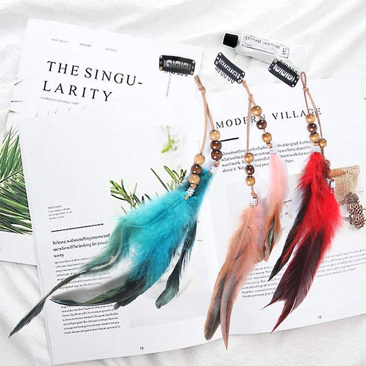 New Feather Hair Clip Extensions Handmade Feather Extension Tribal Feather Braided Beads Headdress 6 PCS