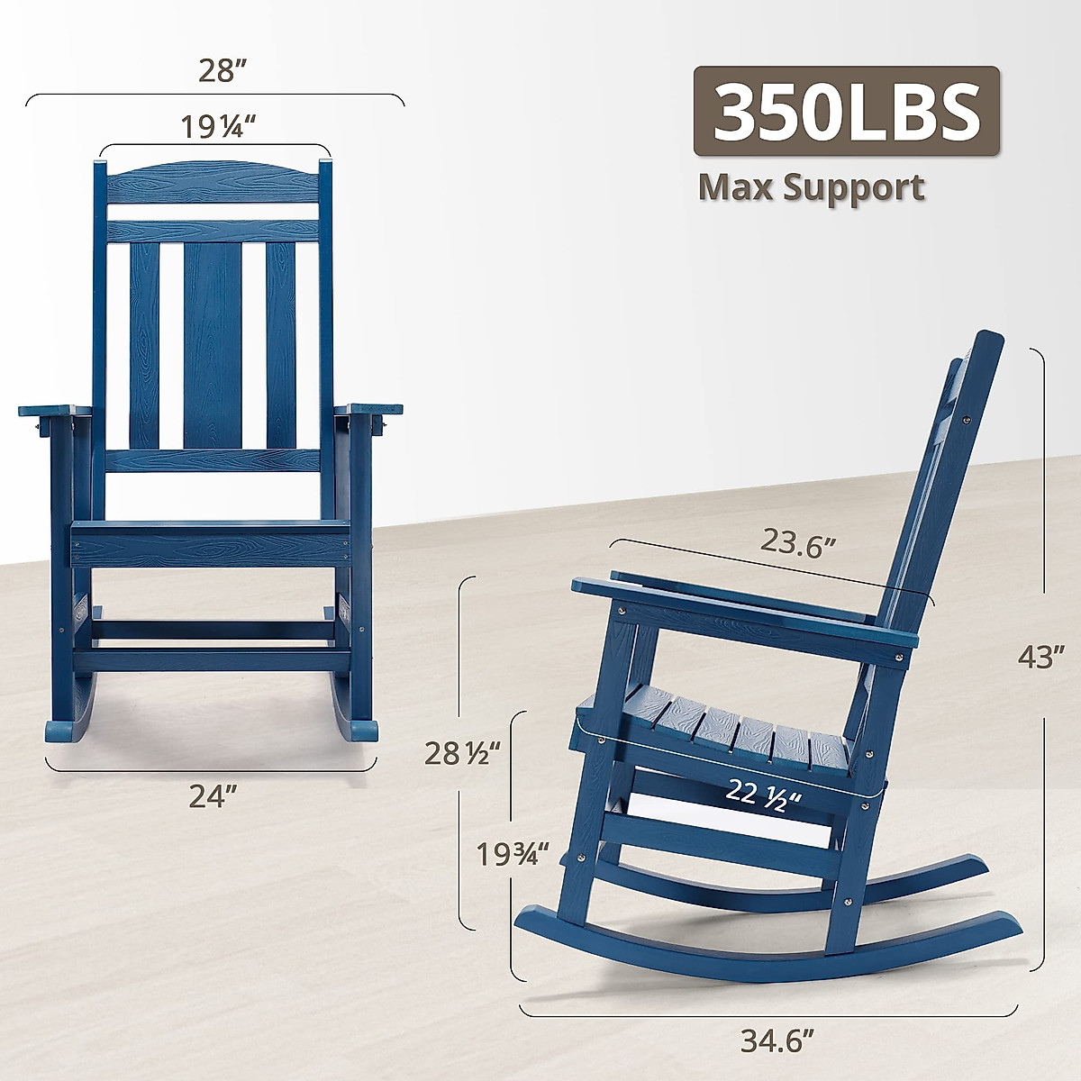 LUE BONA Outdoor Rocking Chairs Set of 2, Weather Resistant Poly Plastic Rocker Chairs, 350lb Heavy Duty, Oversized Porch Rocker for Adult, High Back Smooth Rocking Chairs for Outdoor & Indoor, Blue