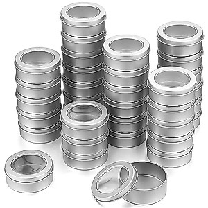 2 Ounce Metal Tin Cans Round Empty Container Salve Tins with Clear Screw Lid for Kitchen, Office, Candles, Candies ()