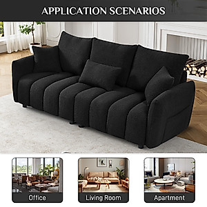 Wrofly Teddy Cloud Sofa Couch, Modern Deep Seat Boucle Sofa, 80.2" Comfy Upholstered Sherpa 3 Seater Couch with 3 Pillows, Oversized Loveseat for Living Room Apartment Office, Black