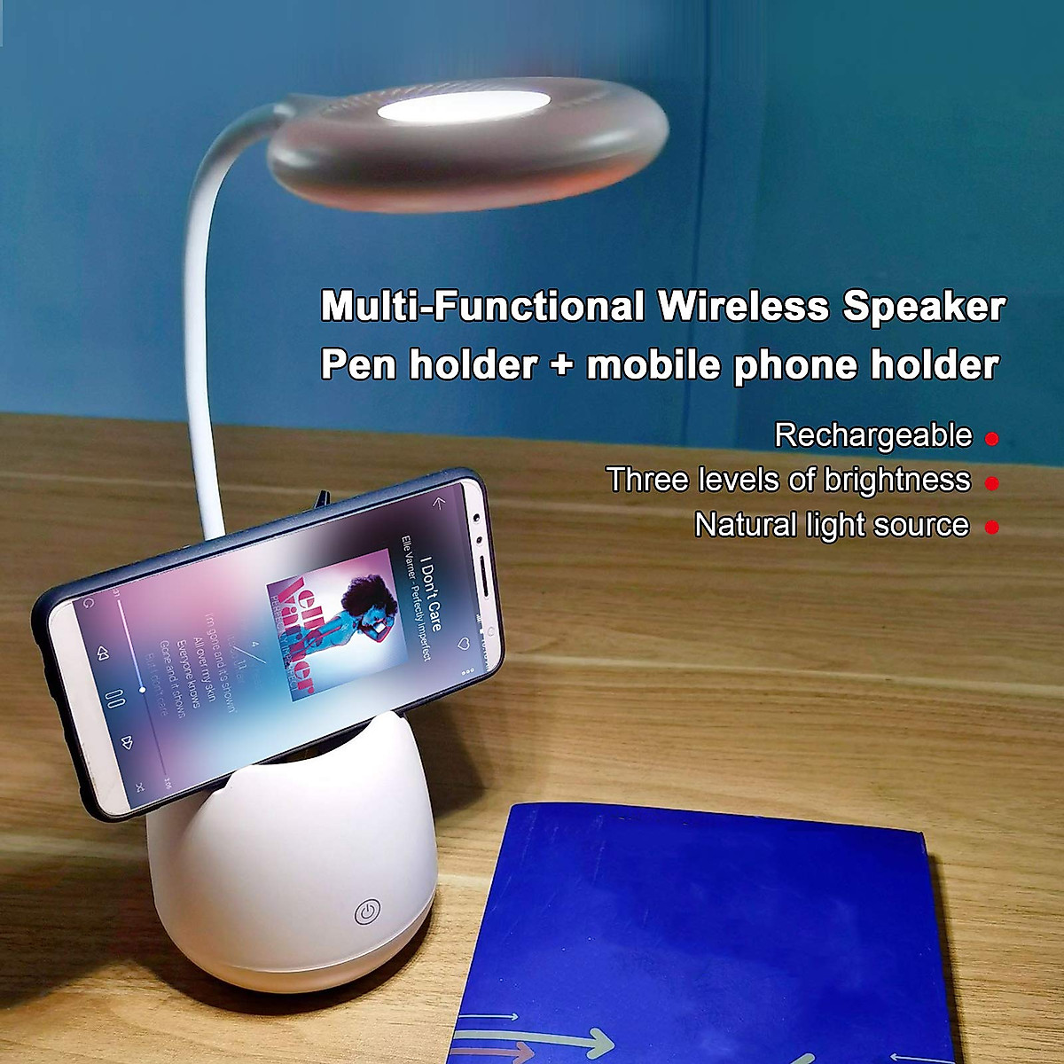 Sutinna Multifunctional LED Table Lamps, Bluetooth Speaker Touch Control Desk Light Phone Stand, Dimmable Office Desk Lamp with USB Charging Port(White)