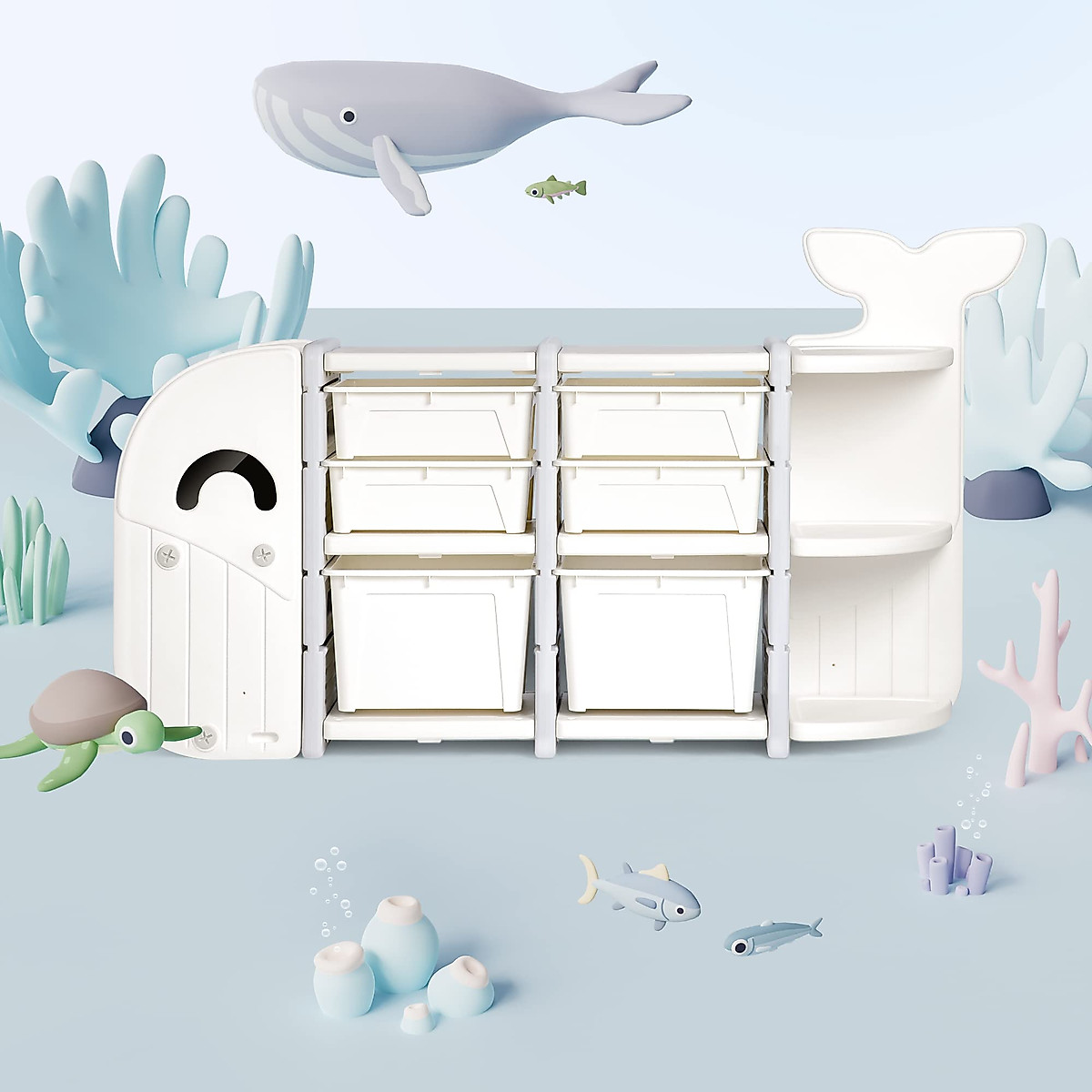 duke baby Kids Small 3 Layer Toy Storage Organizer with 6 Pull-out Storage Bins, Display Bookshelves, Multipurpose Toy Cabinets for Kids Playrooms Bedrooms Age 1-12, Whale Collection White Grey