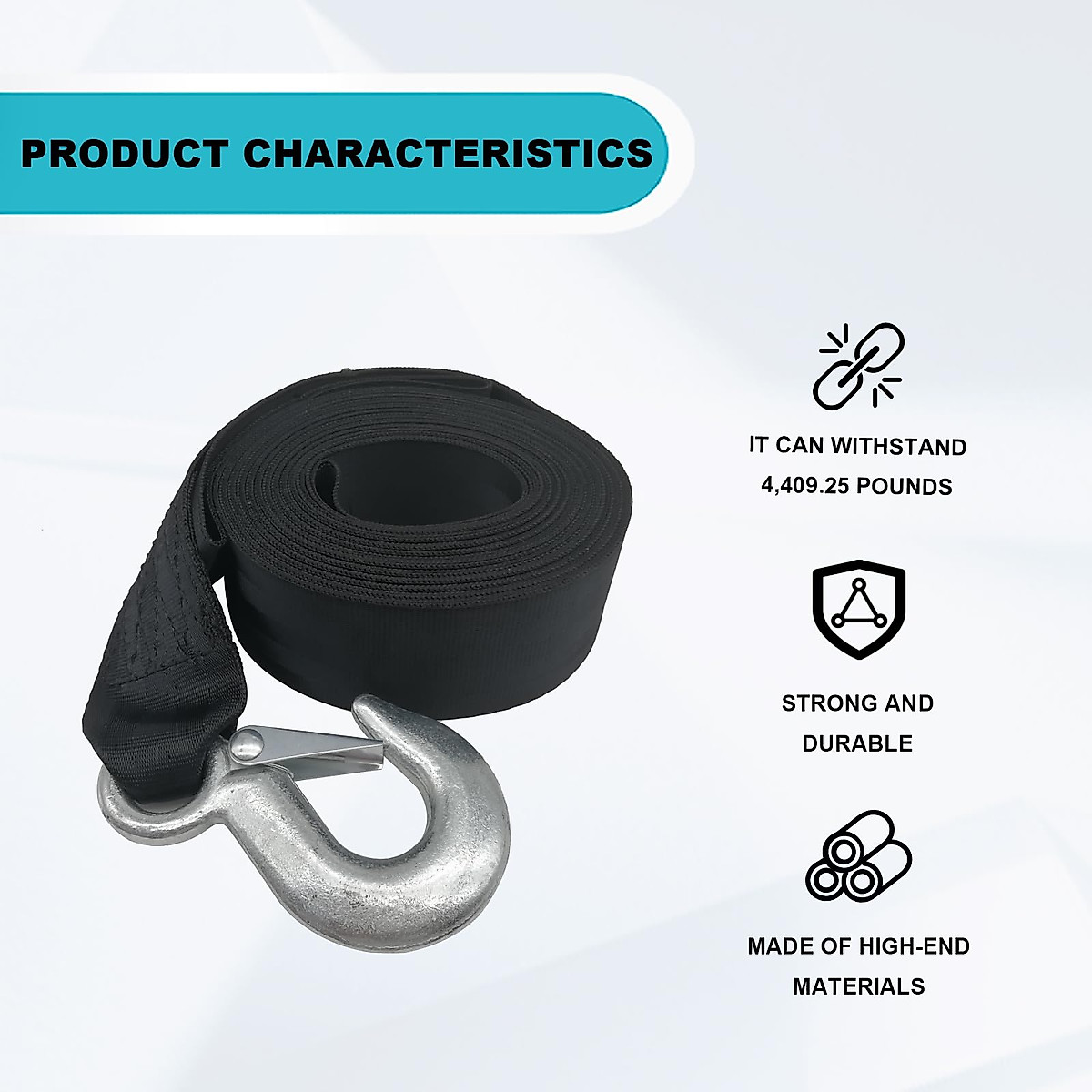 Trailer Winch Strap, 2" x 20ft 6000lb 10000 lbs Breaking Strength 3300 lbs Load Capacity for Boat, Loop End for Boats, Trailer, Wave Runner, Towing, Heavy Duty Equipment, Black