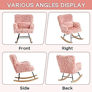 NIOIIKIT Nursery Rocking Chair, Faux Fur Upholstered Glider Rocker with Lumbar Pillow, High Backrest Rocking Accent Chair, Comfy Armchair for Living Room, Bedroom, Office (Pink)